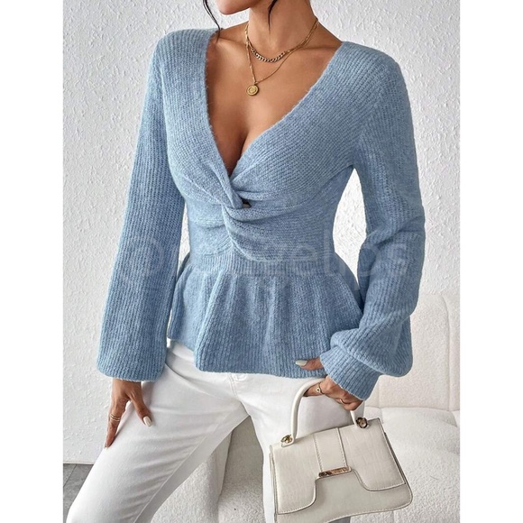 Rouge! | Sweaters | Light Blue Vneck Twisted Front Peplum Sweater Knit ...